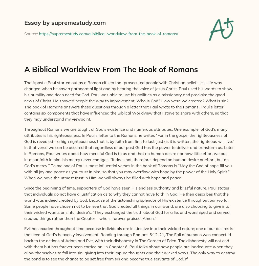 A Biblical Worldview From The Book of Romans - Free Essay Example ...