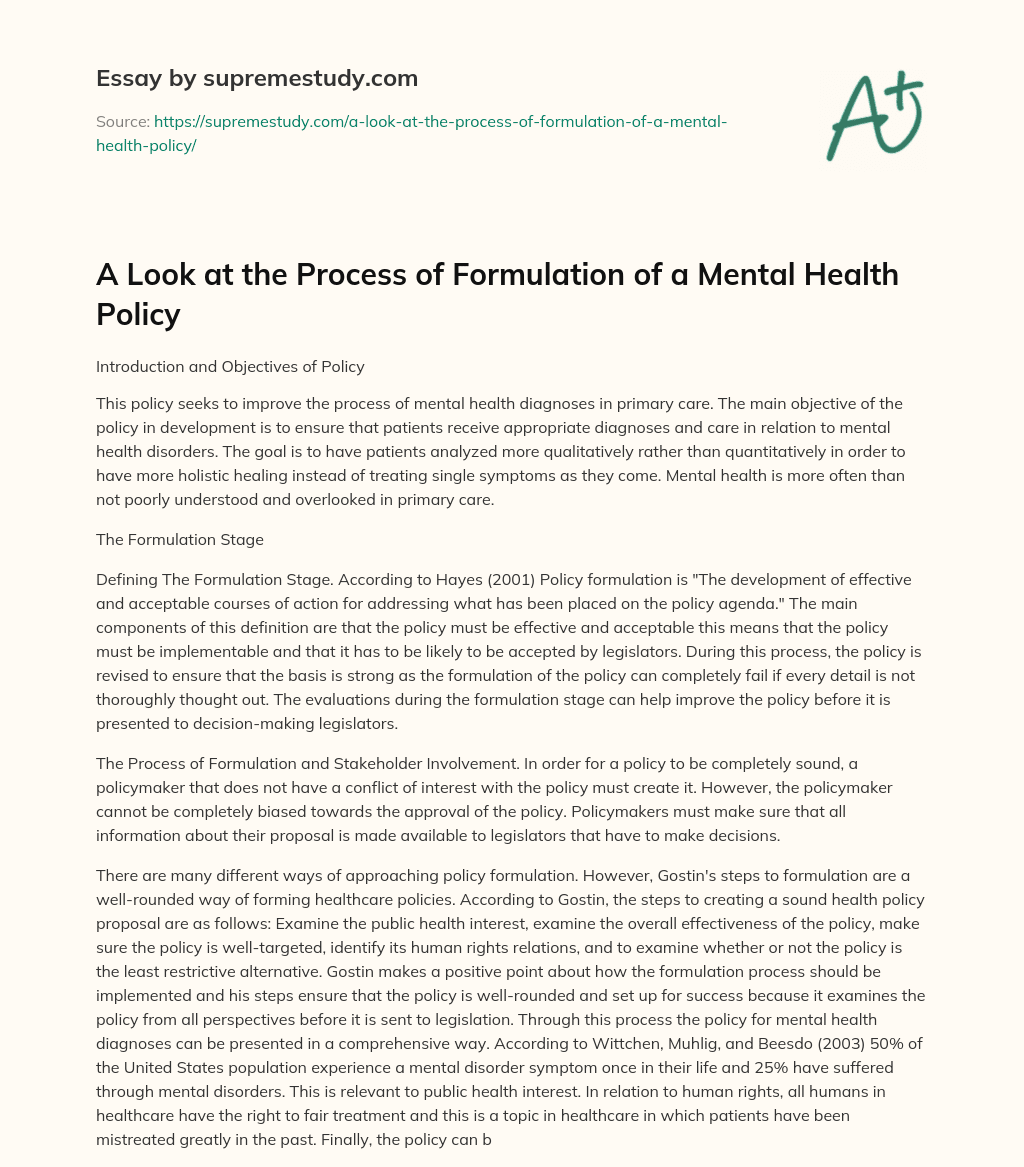 A Look at the Process of Formulation of a Mental Health Policy - Free ...