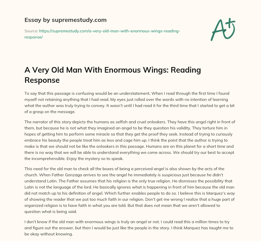 A Very Old Man With Enormous Wings: Reading Response - Free Essay ...