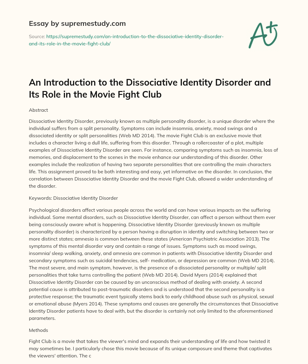 An Introduction to the Dissociative Identity Disorder and Its Role in ...