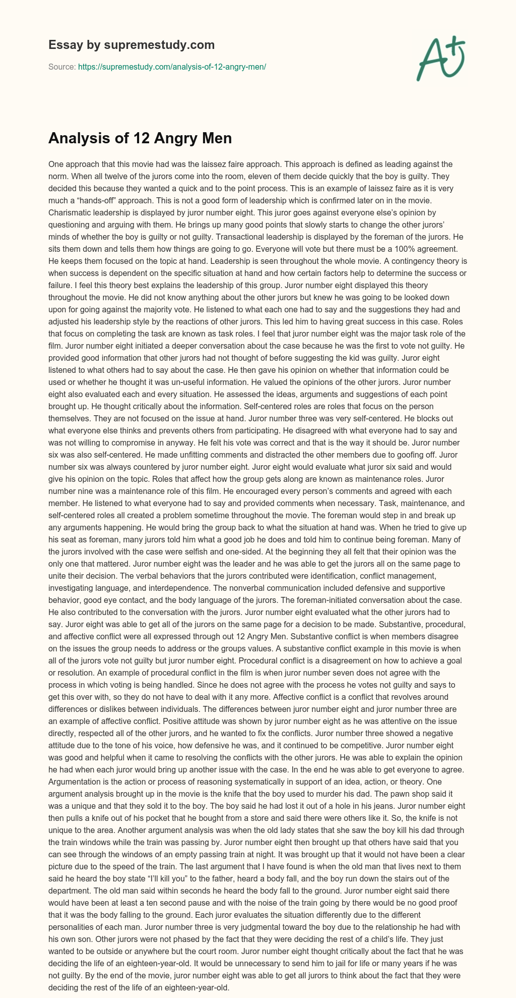 Analysis of 12 Angry Men - Free Essay Example - 1414 Words | SupremeStudy