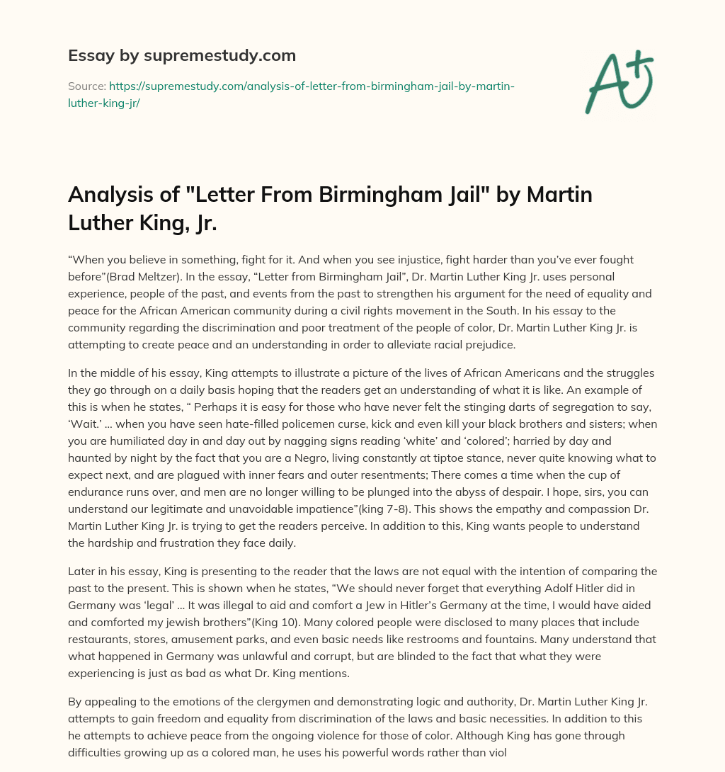 Analysis of "Letter From Birmingham Jail" by Martin Luther King, Jr ...
