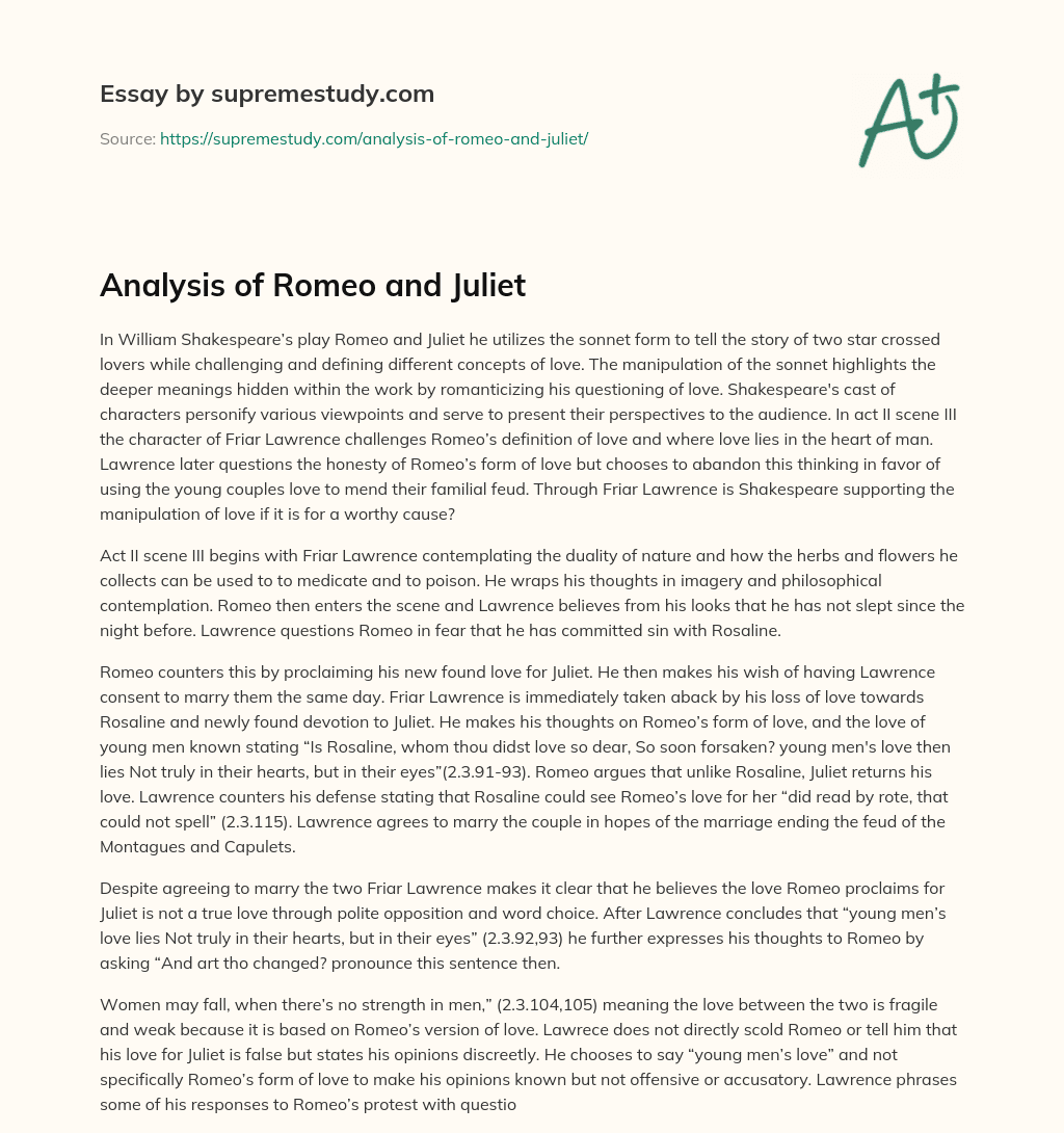 Analysis of Romeo and Juliet - Free Essay Example - 950 Words ...