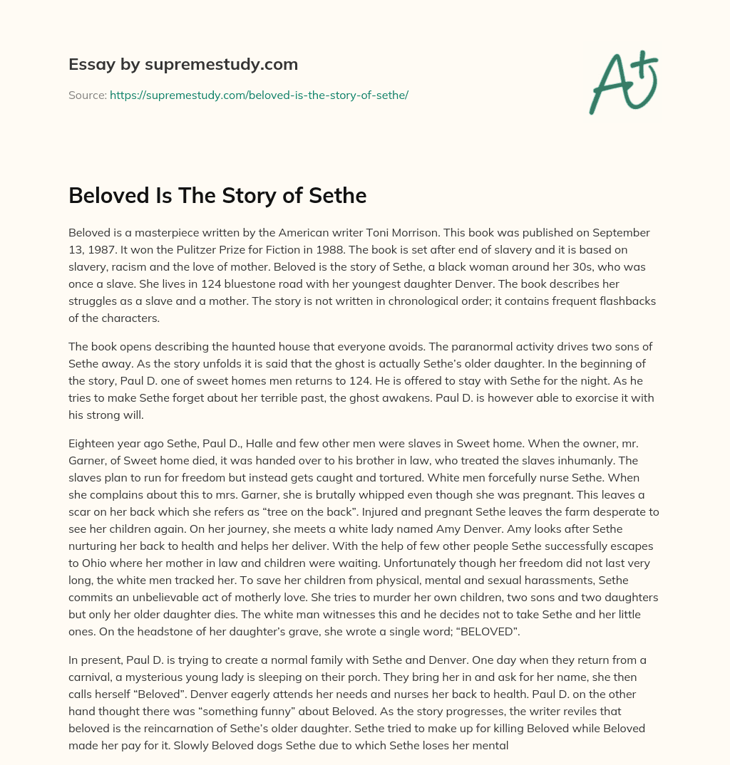 Beloved Is The Story of Sethe - Free Essay Example - 653 Words ...