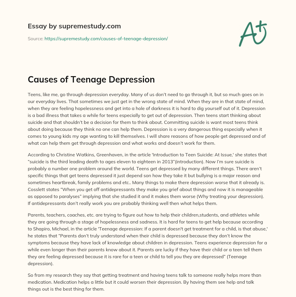 Causes of Teenage Depression - Free Essay Example - 494 Words ...