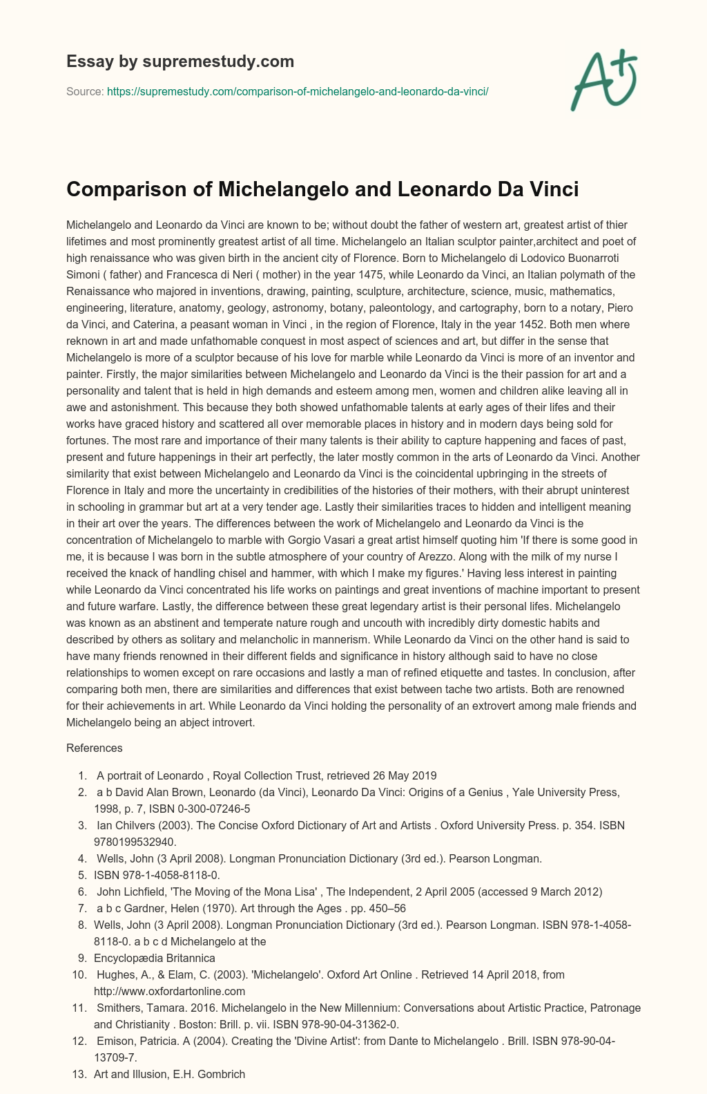 Comparison of Michelangelo and Leonardo Da Vinci - Free Essay Example ...