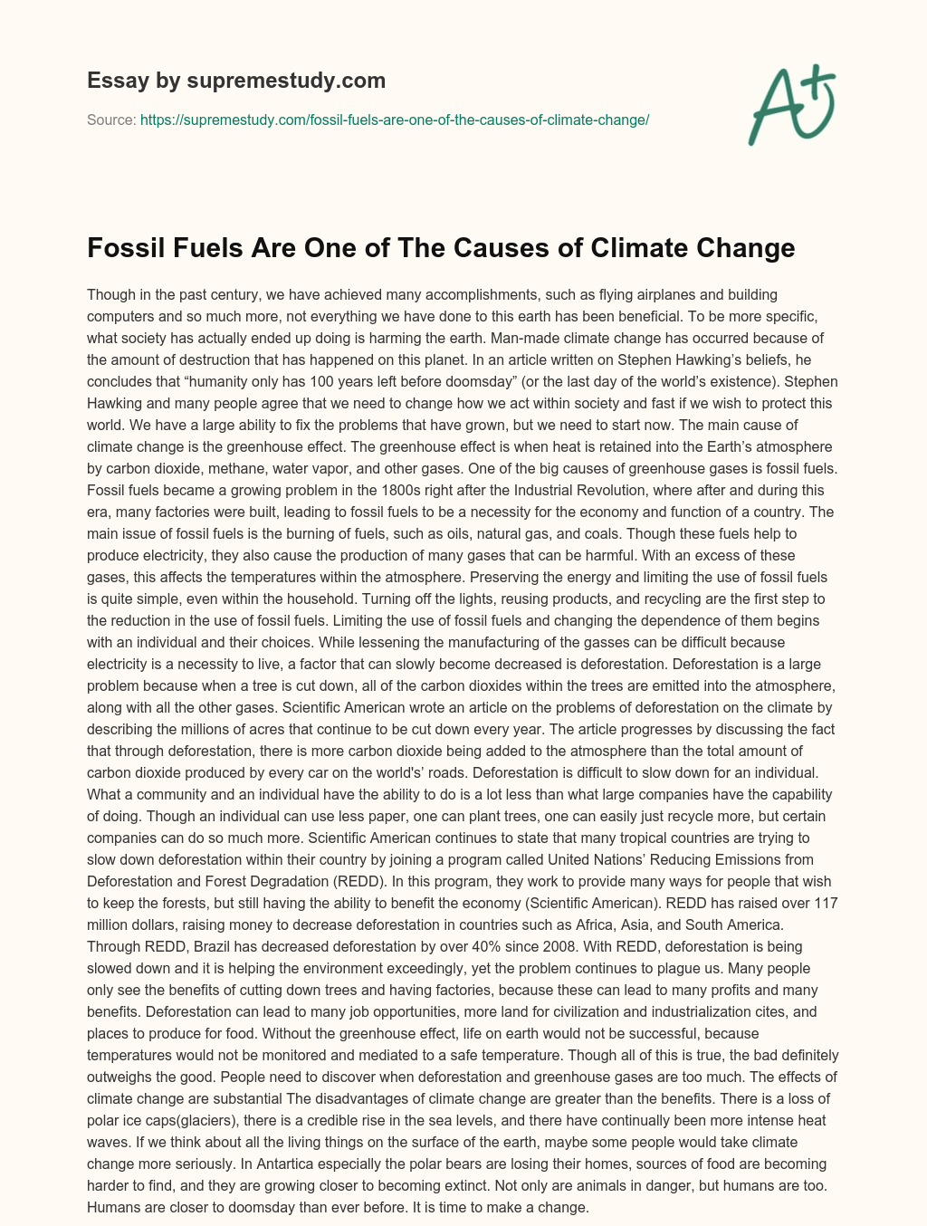 Fossil Fuels Are One of The Causes of Climate Change - Free Essay ...