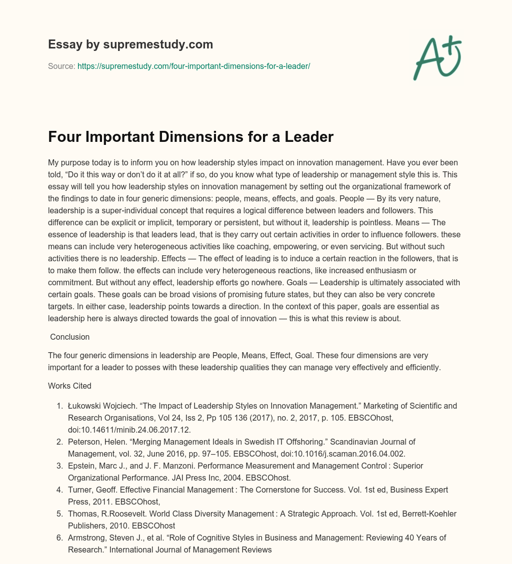 Four Important Dimensions for a Leader - Free Essay Example - 423 Words ...