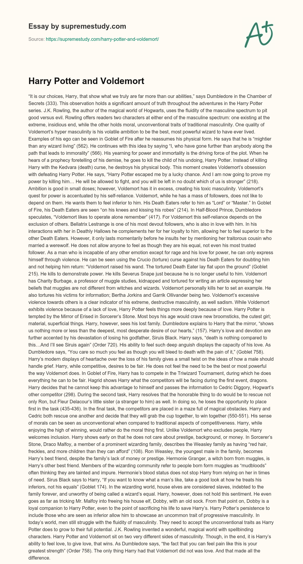 Harry Potter and Voldemort - Free Essay Example - 1308 Words | SupremeStudy