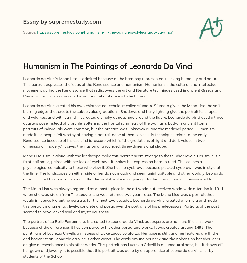 Humanism in The Paintings of Leonardo Da Vinci - Free Essay Example ...
