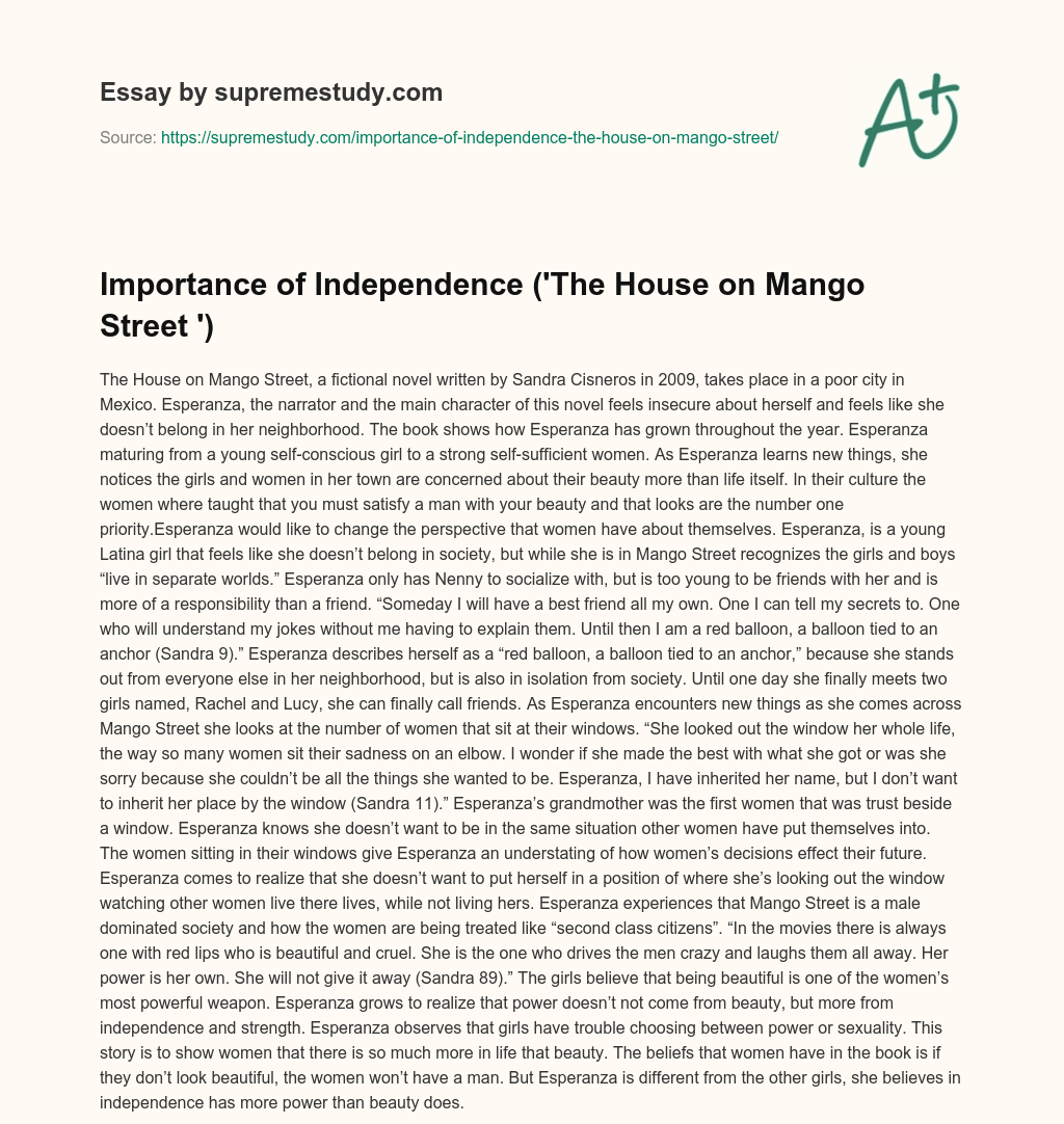 Importance of Independence ('The House on Mango Street ') - Free Essay ...