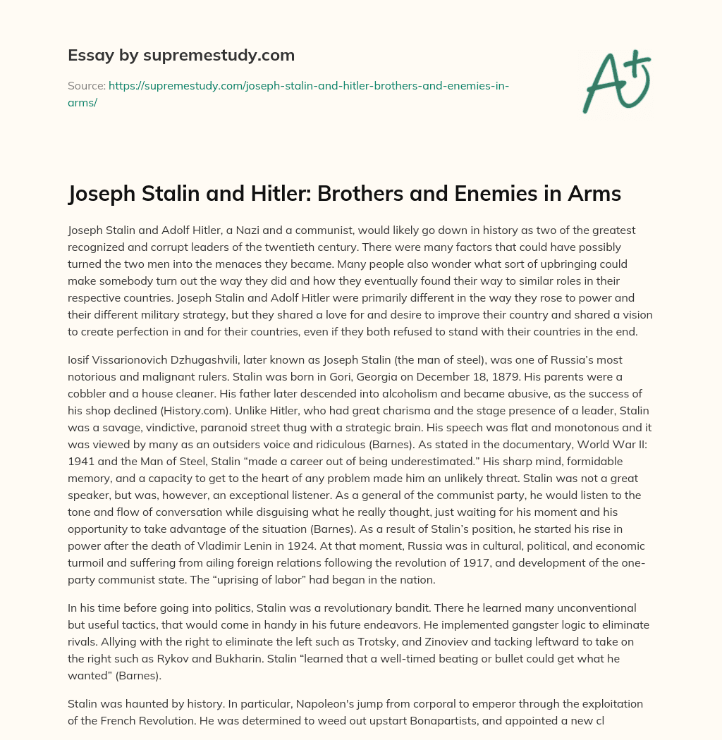 Joseph Stalin and Hitler: Brothers and Enemies in Arms - Free Essay ...