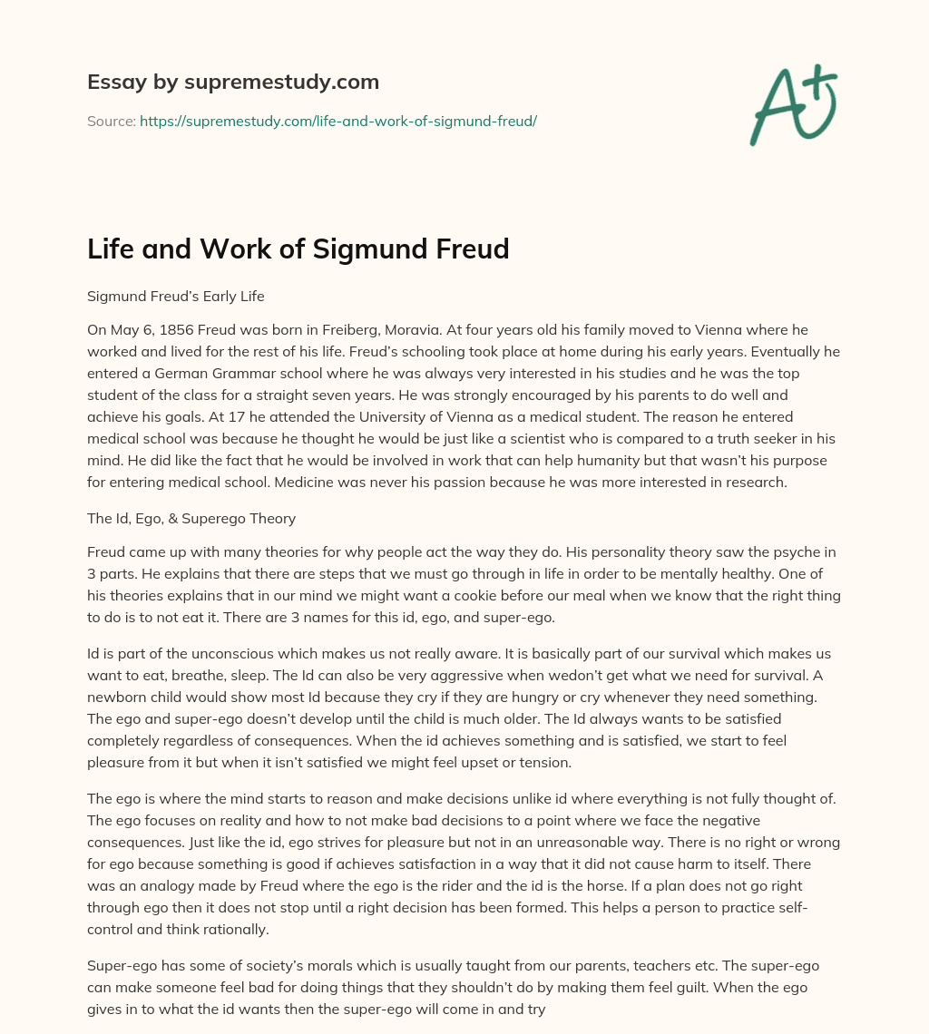 Life and Work of Sigmund Freud - Free Essay Example - 1143 Words ...