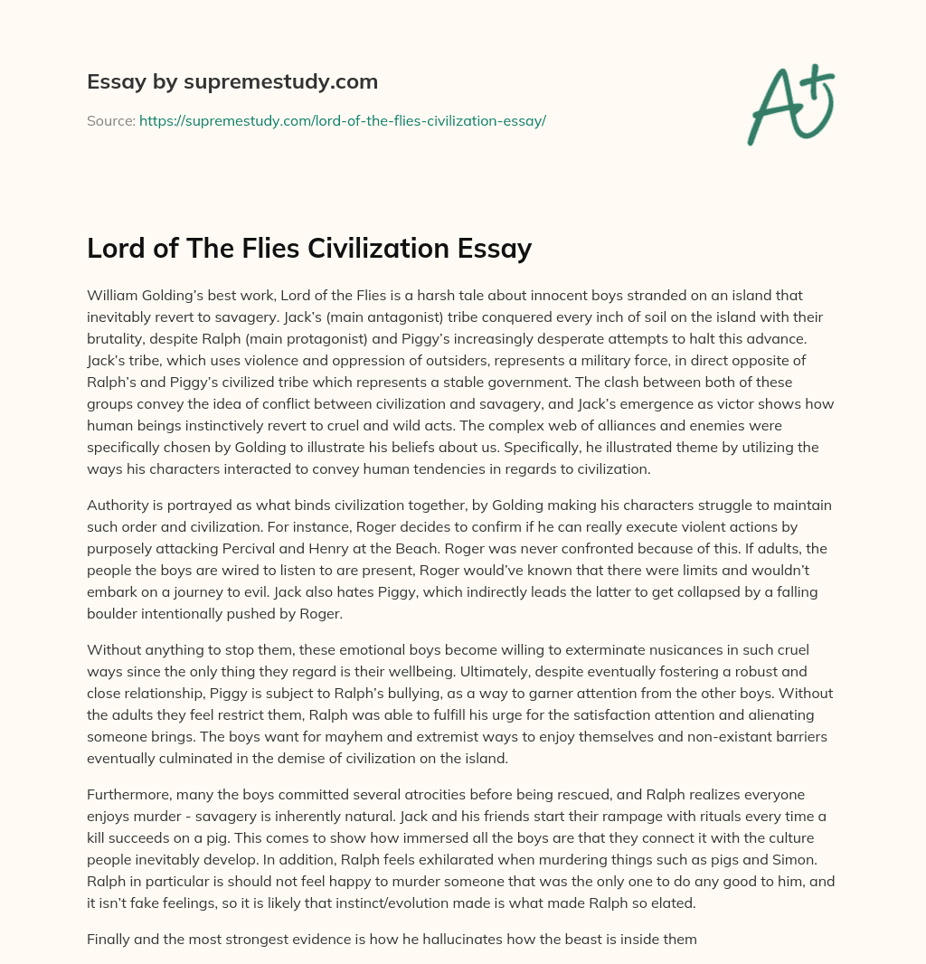 Lord of The Flies Civilization Essay - Free Essay Example - 718 Words ...