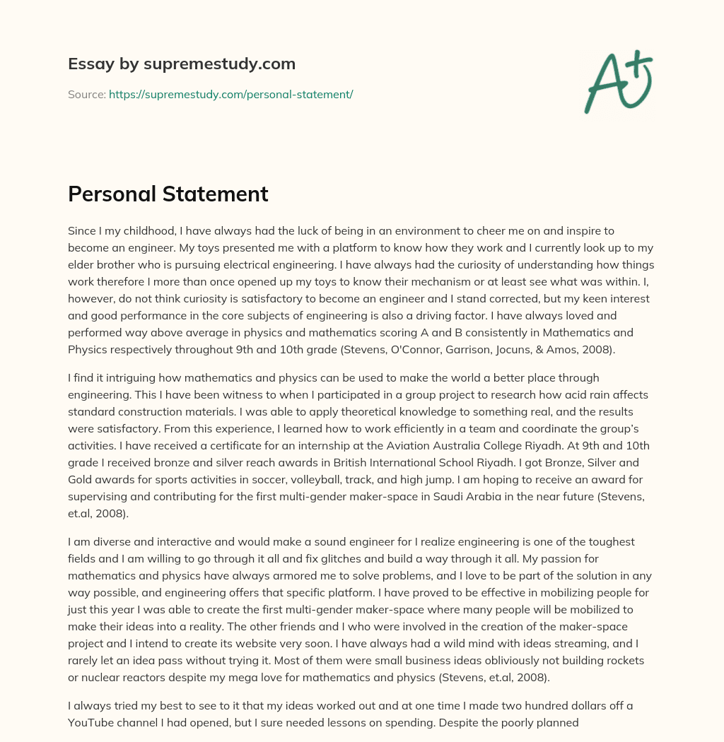 Personal Statement - Free Essay Example - 582 Words | SupremeStudy