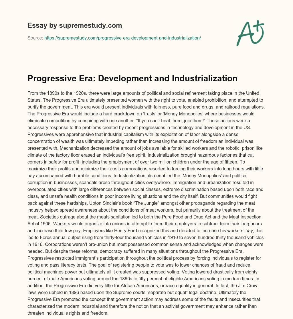 Progressive Era: Development and Industrialization - Free Essay Example ...