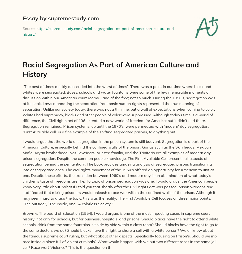 Racial Segregation As Part of American Culture and History - Free Essay ...