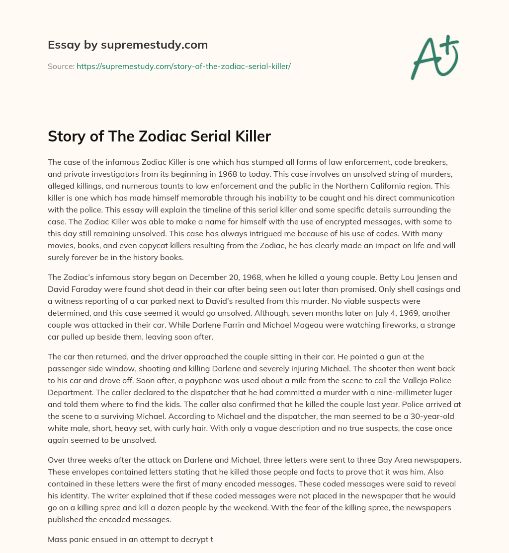 Story of The Zodiac Serial Killer - Free Essay Example - 1517 Words ...
