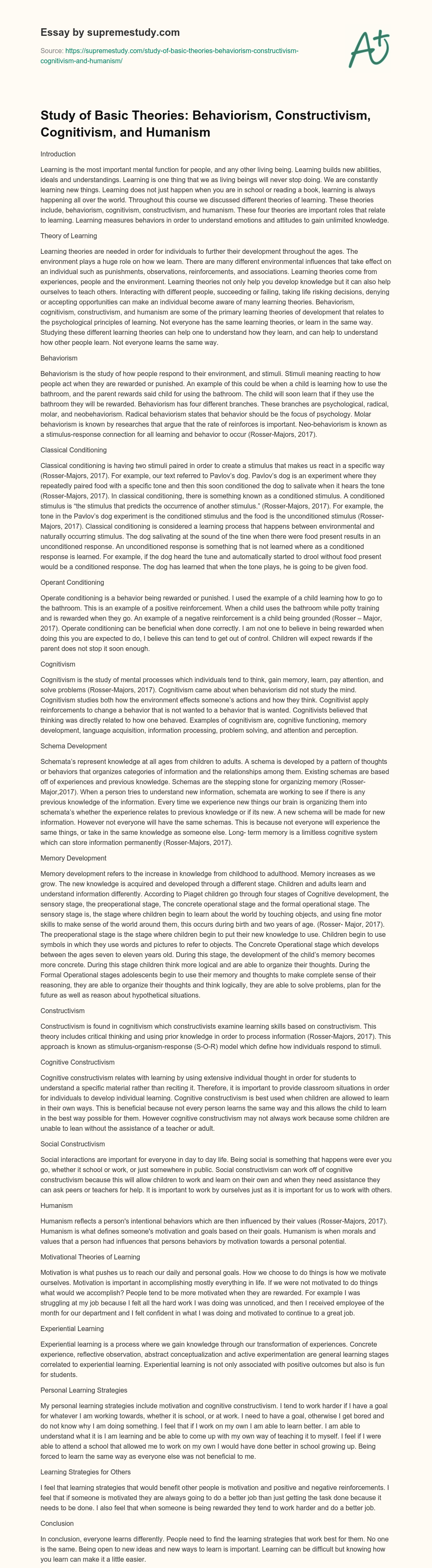 Study of Basic Theories: Behaviorism, Constructivism, Cognitivism, and ...