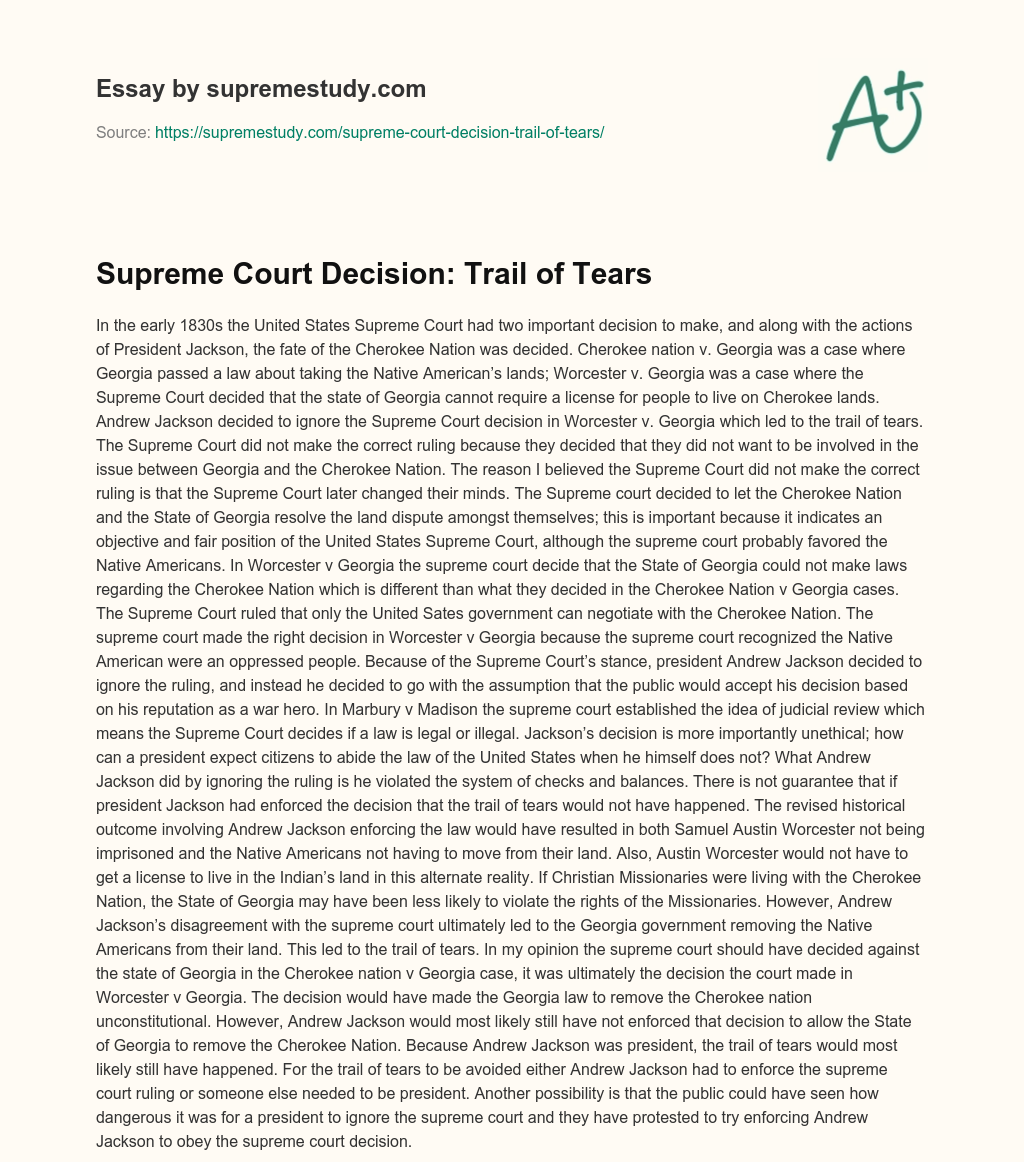 Supreme Court Decision: Trail of Tears - Free Essay Example - 654 Words ...