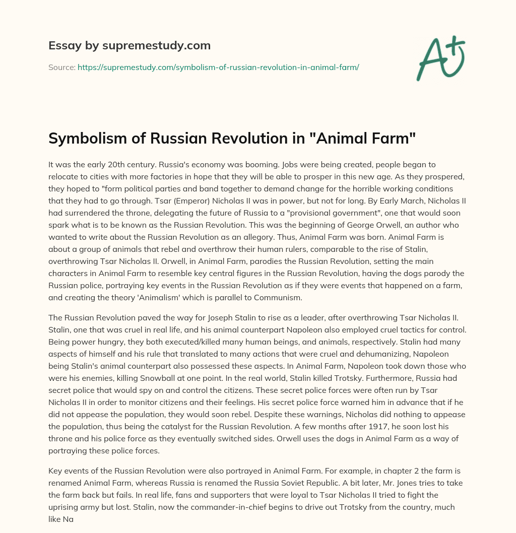 Symbolism of Russian Revolution in "Animal Farm" - Free Essay Example ...