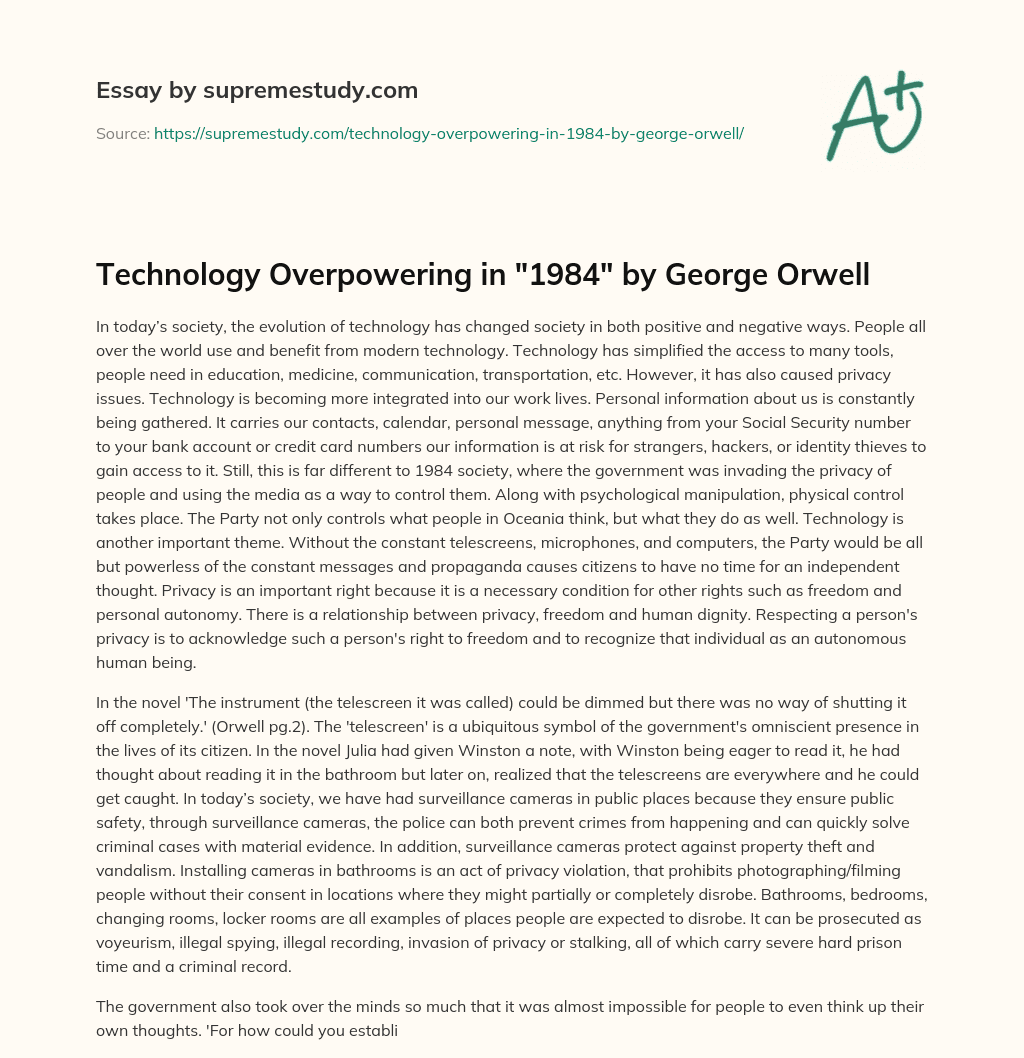 Technology Overpowering in "1984" by George Orwell - Free Essay Example ...