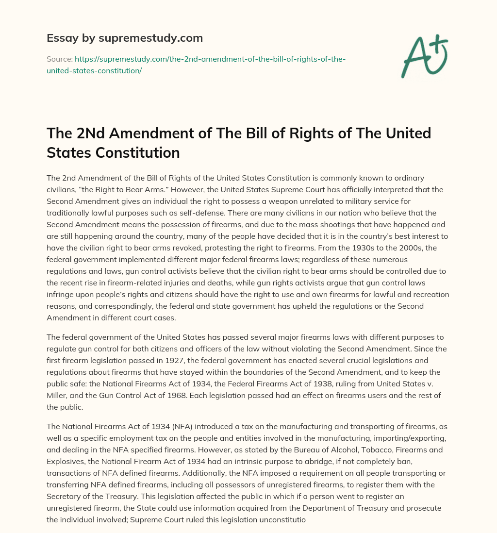 The 2Nd Amendment of The Bill of Rights of The United States ...