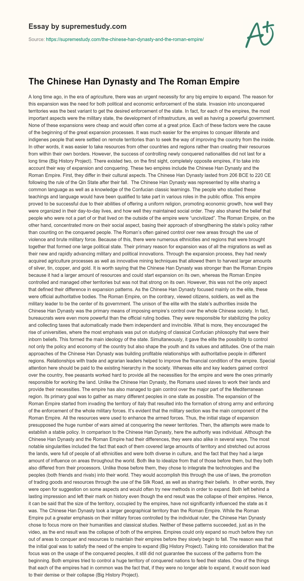 The Chinese Han Dynasty and The Roman Empire - Free Essay Example ...