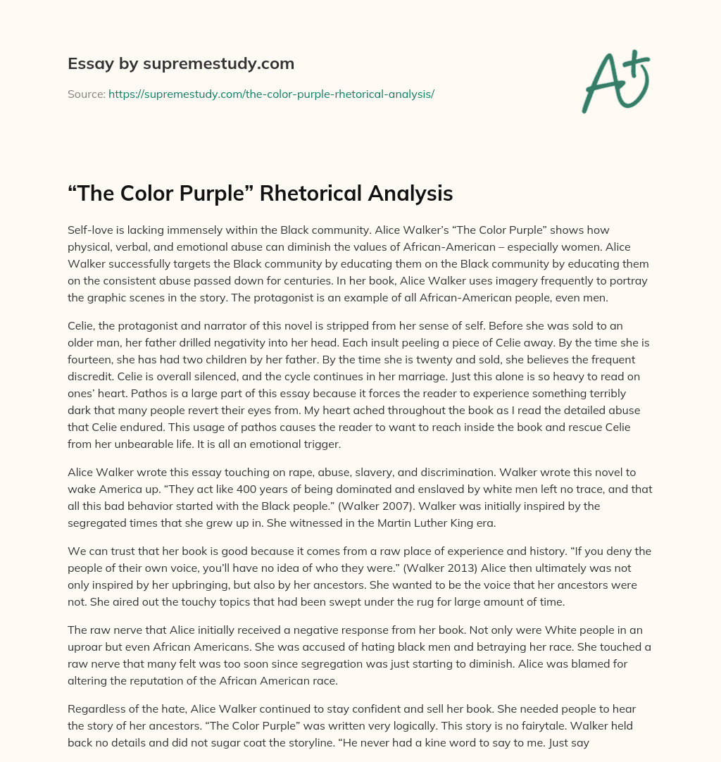 “The Color Purple” Rhetorical Analysis - Free Essay Example - 804 Words ...