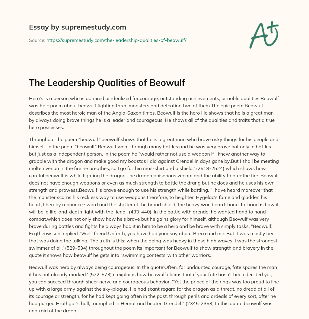 The Leadership Qualities of Beowulf - Free Essay Example - 761 Words ...