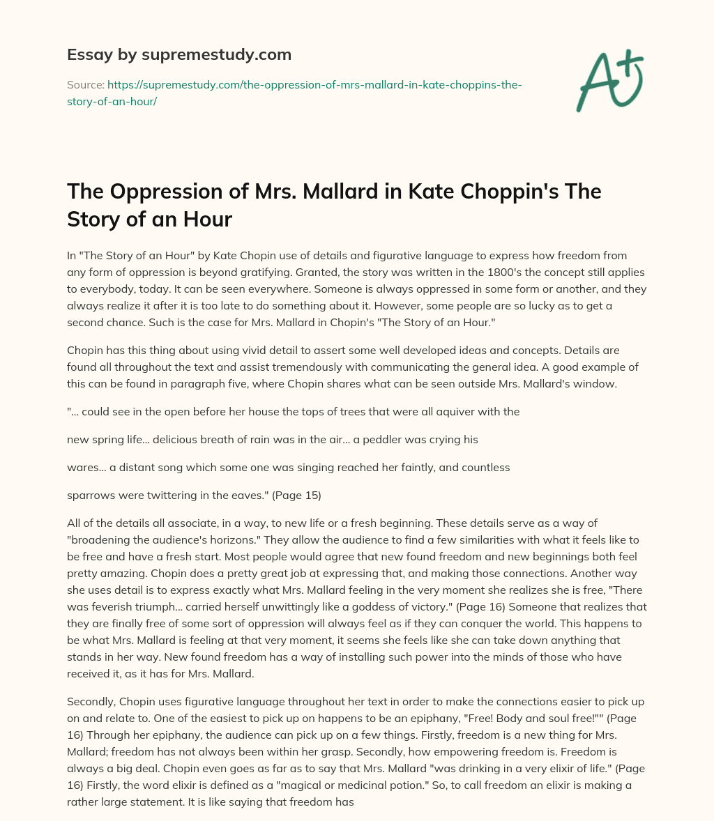 The Oppression Of Mrs Mallard In Kate Choppin s The Story Of An Hour the-oppression-of-mrs-mallard-in-kate-choppin-s-the-story-of-an-hour
