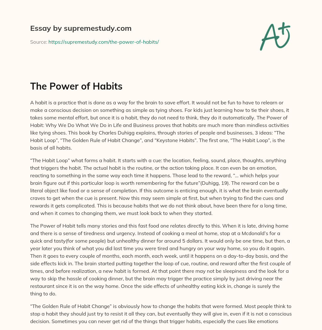 The Power of Habits - Free Essay Example - 1051 Words | SupremeStudy