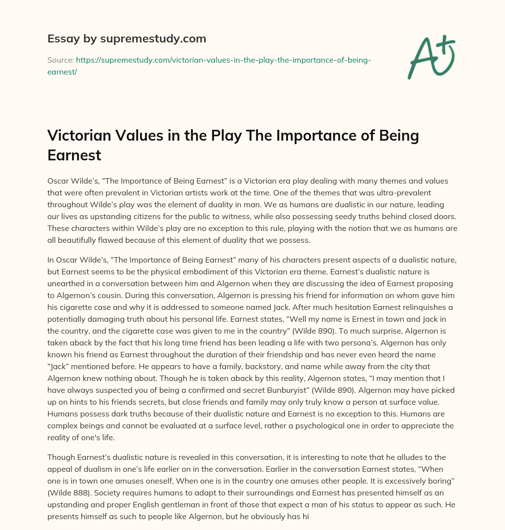 Victorian Values in the Play The Importance of Being Earnest - Free ...