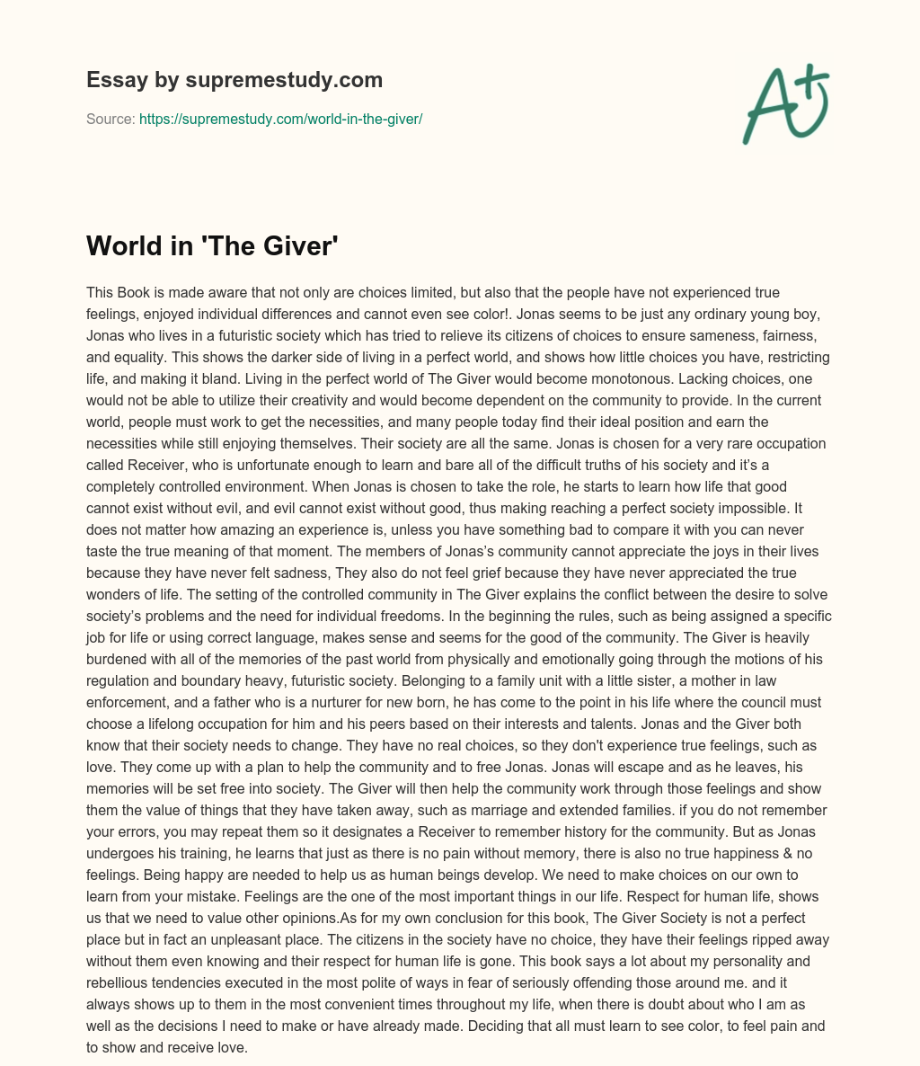 World in 'The Giver' - Free Essay Example - 721 Words | SupremeStudy